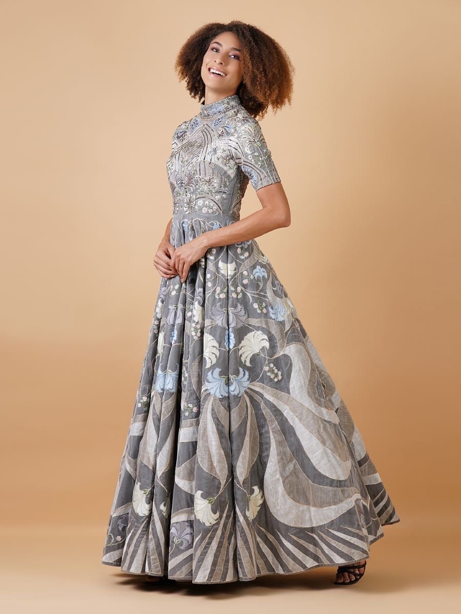 Featured here is a high-neck fit, A-line floor length gown – Samant Chauhan