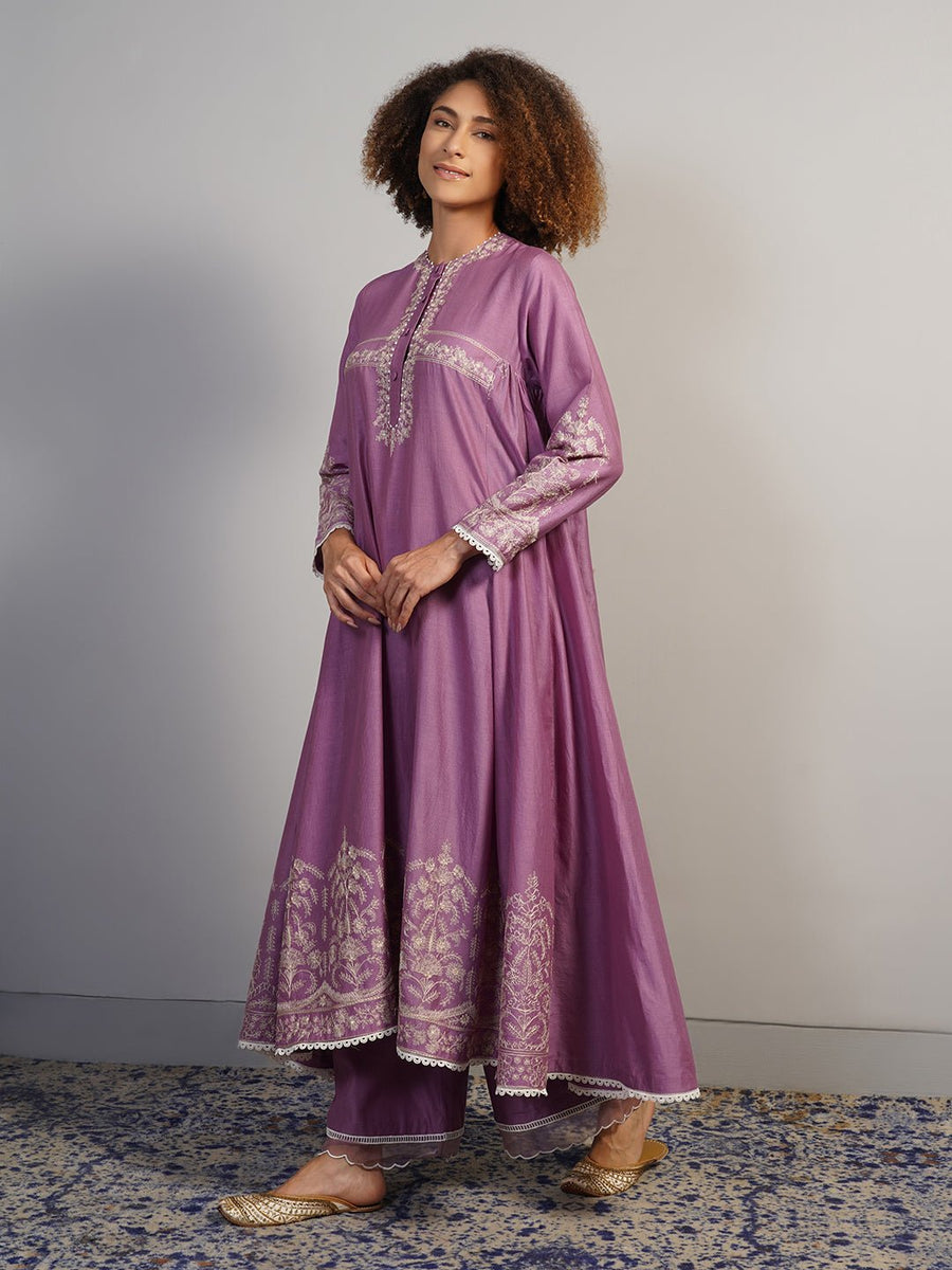 An alluring lavender, A-line, zero neck cotton silk suit set ...